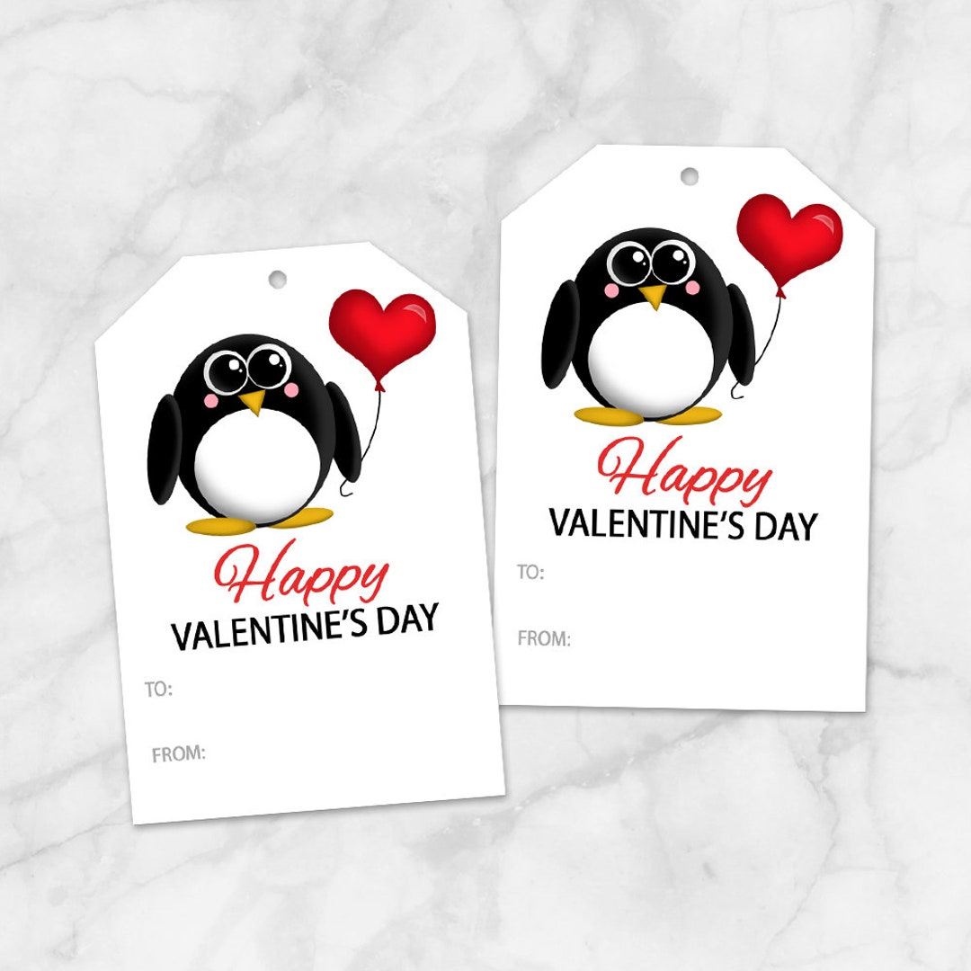 Printable Penguin Valentine's Day Gift Tags, Cute Penguin Holding a Red ...