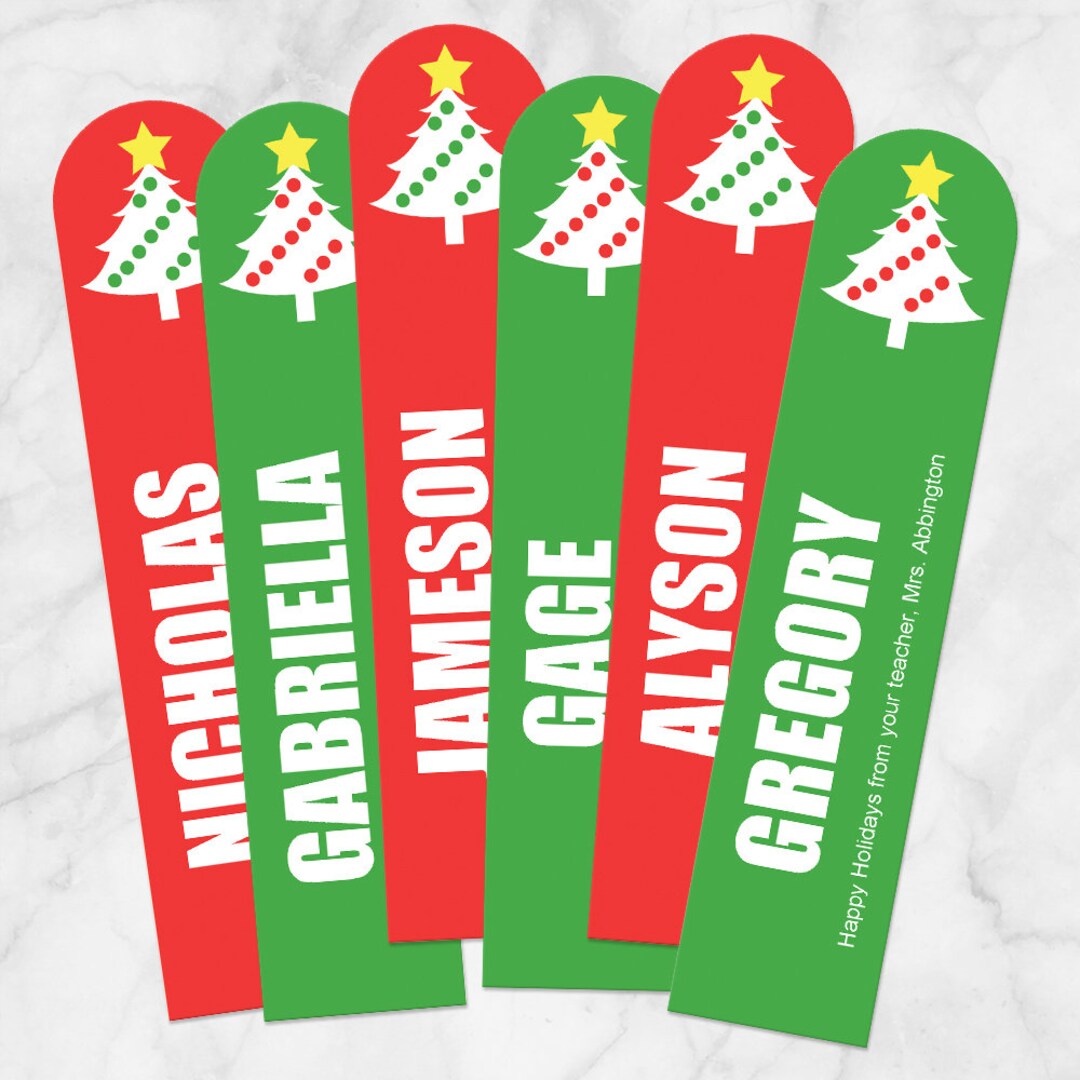 Printable Personalized Christmas Bookmarks, Holiday Tree Red Green ...