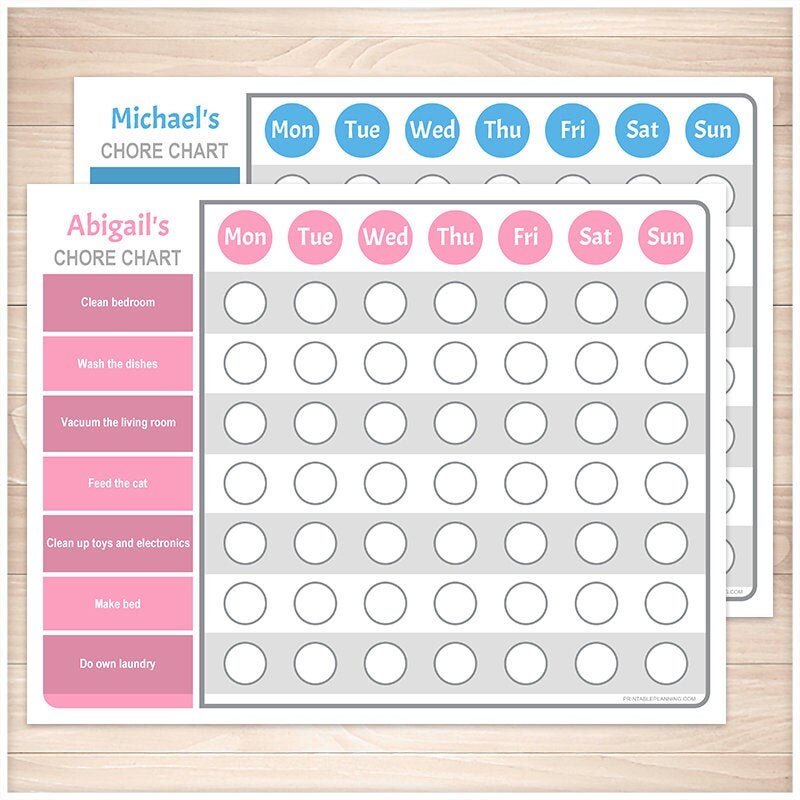 Printable Personalized Chore Chart BUNDLE pink and blue | Etsy