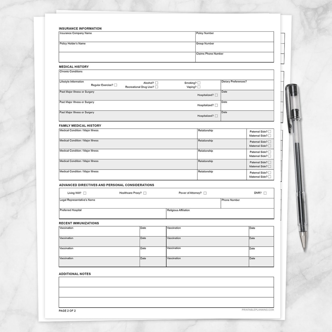 Printable Medication Information Form, Comprehensive 2-pages for ...