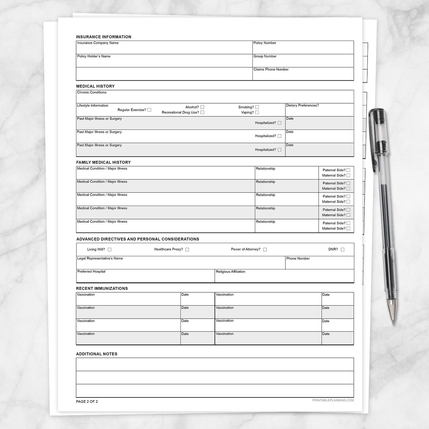 Printable Medication Information Form, Comprehensive 2-pages for ...