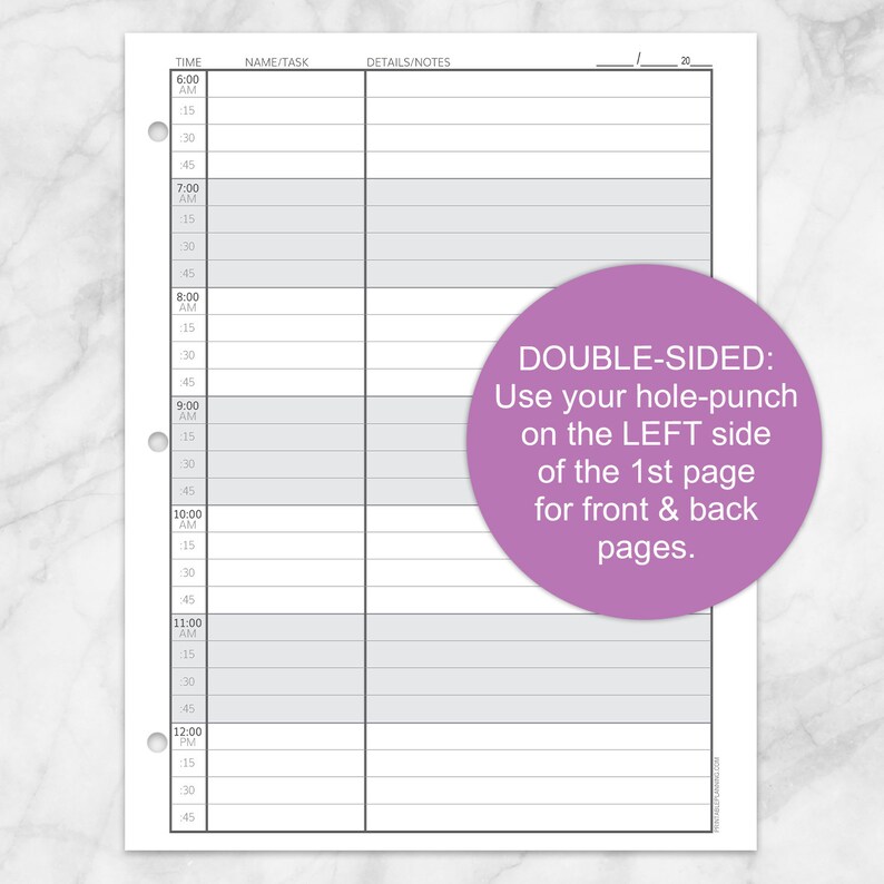 Printable Scheduling Sheet With Notes, Front Back Appointment or Task ...