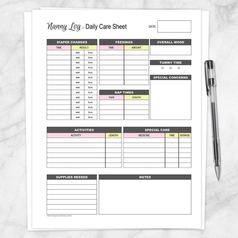 Printable Nanny Log - Daily Infant Care Sheet - Babysitter Caregiver ...
