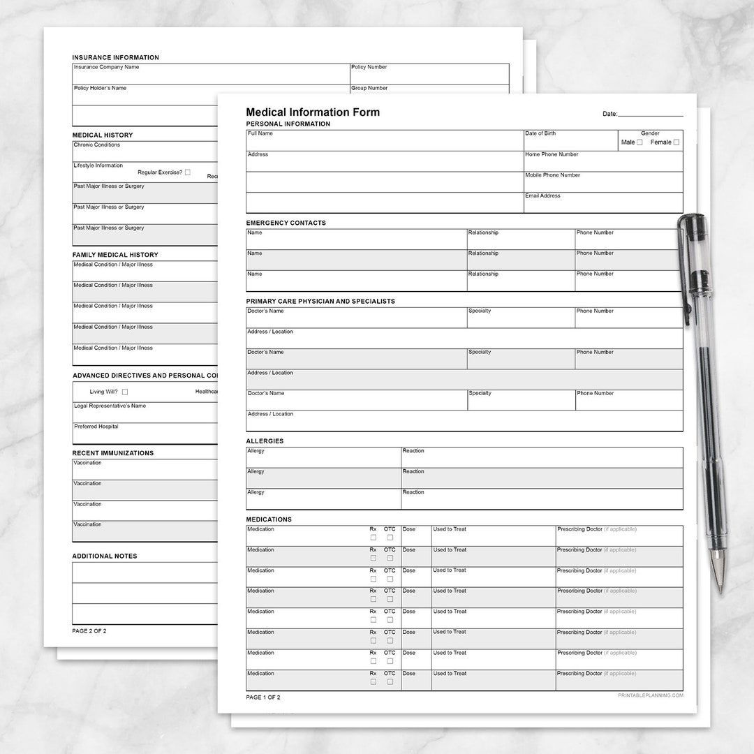 Printable Medication Information Form, Comprehensive 2-pages for ...
