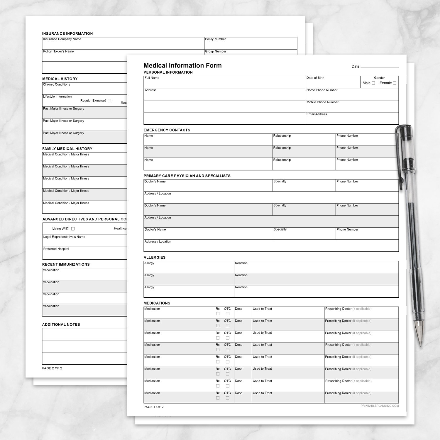 Printable Medication Information Form, Comprehensive 2-pages for ...