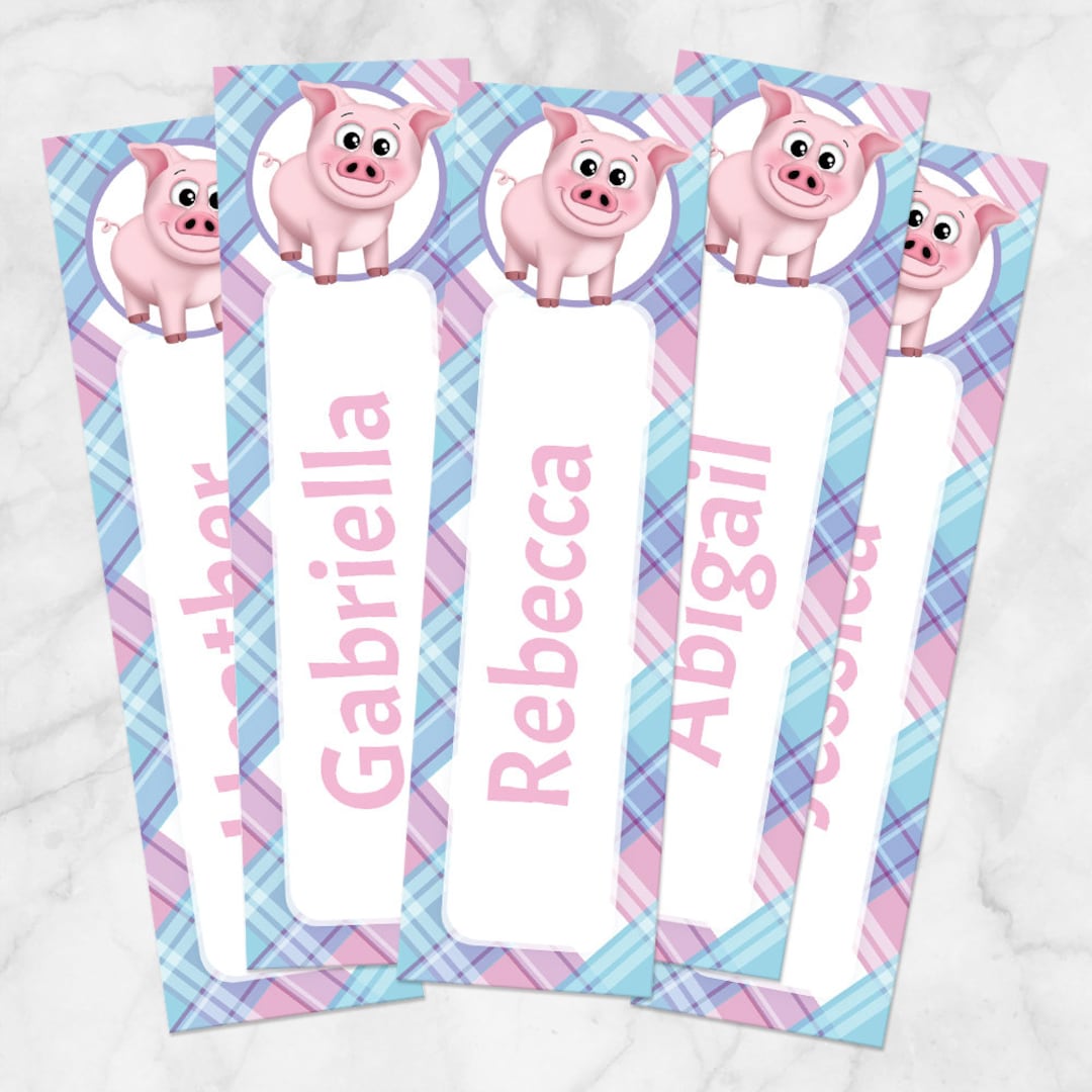 Printable Personalized Pig Bookmarks, Pink Blue Purple Plaid Pattern ...