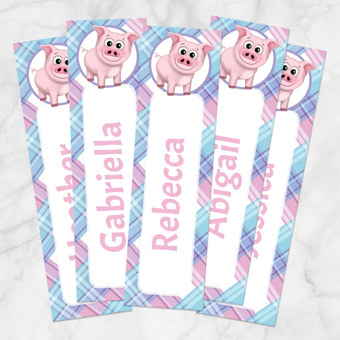 Printable Personalized Pig Bookmarks, Pink Blue Purple Plaid Pattern ...