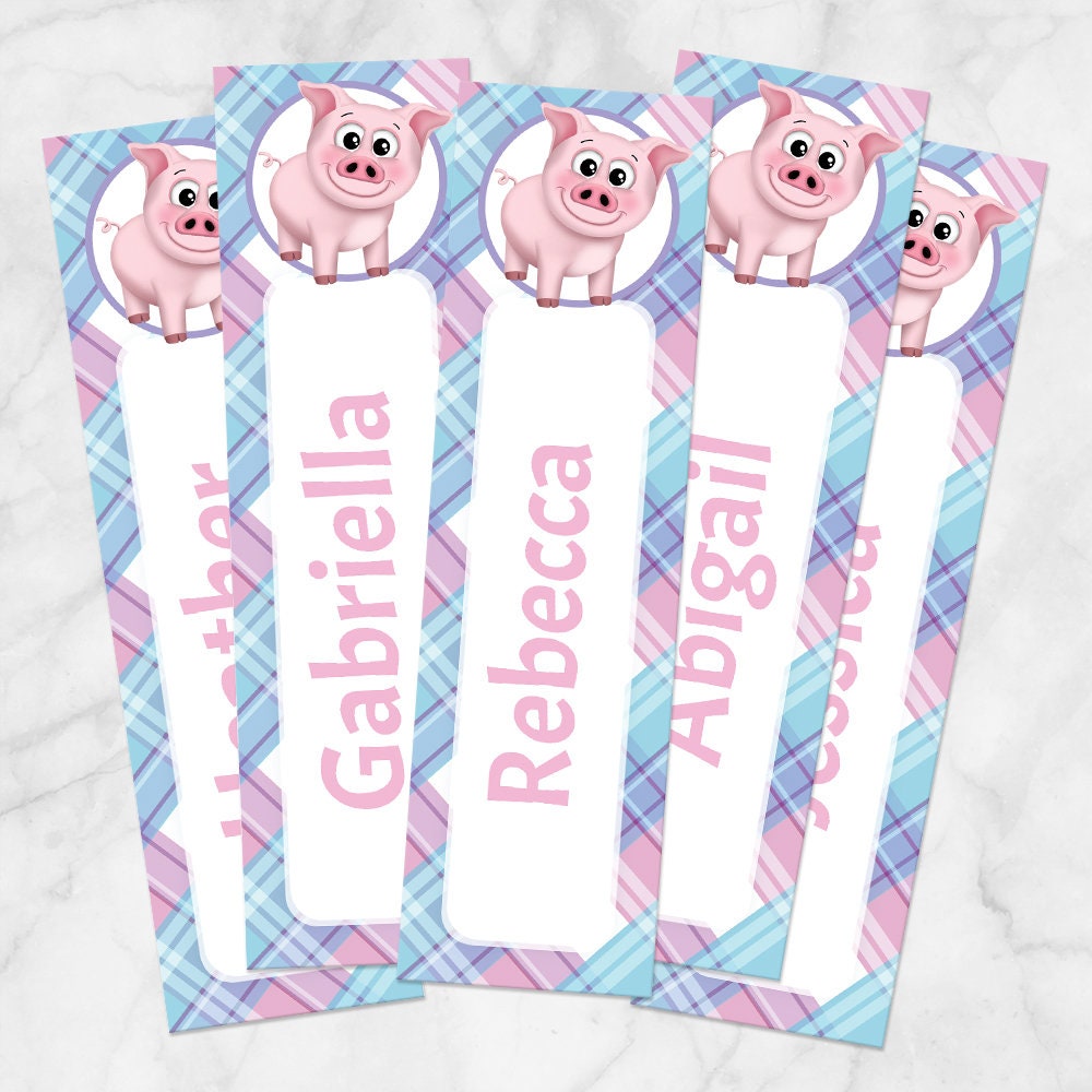 Printable Personalized Pig Bookmarks, Pink Blue Purple Plaid Pattern ...