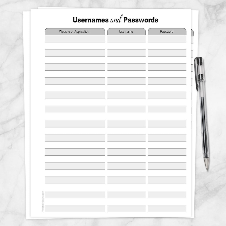 Printable Usernames and Passwords List for Your Website and Application ...