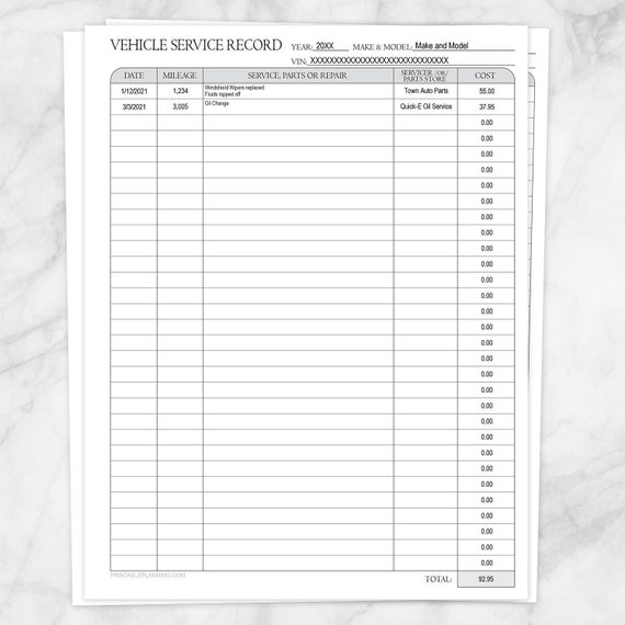 Printable Vehicle Service Record Auto-calculating Total - Etsy
