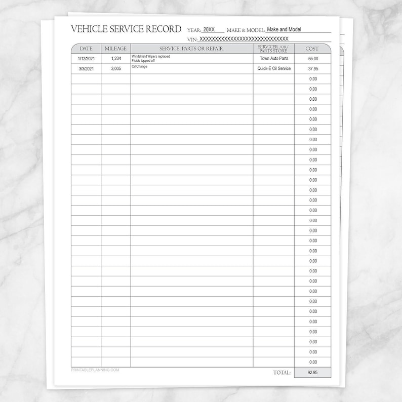 Printable Vehicle Service Record, Auto-calculating Total, Maintenance ...