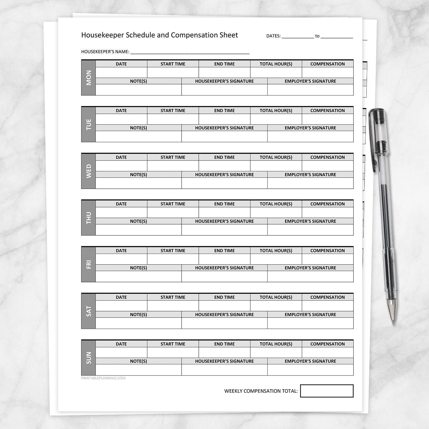 Printable Housekeeper Schedule and Compensation Sheet, Weekly - PDF ...