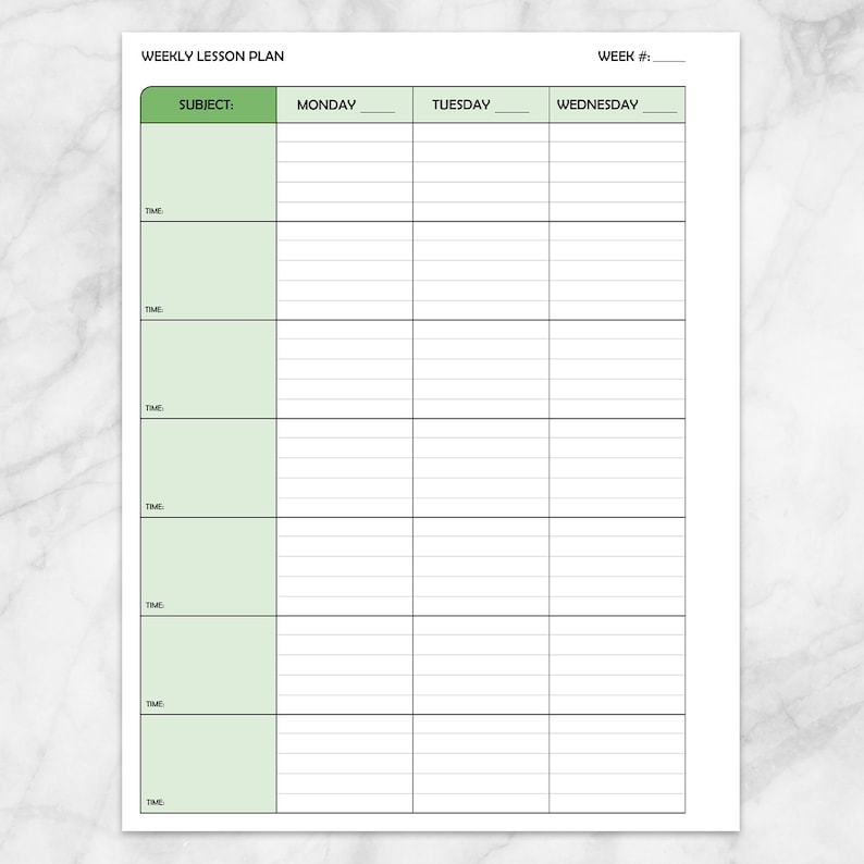 Printable Weekly Lesson Plan for Teachers, Green School Planner Pages ...