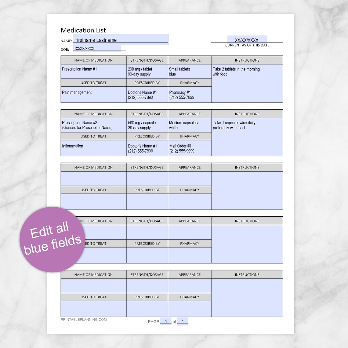 Printable Medication List, for Keeping Track and Organization of ...