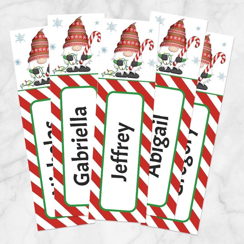 Printable Holiday Gnome Bookmarks, Personalized, Candy Cane Christmas ...