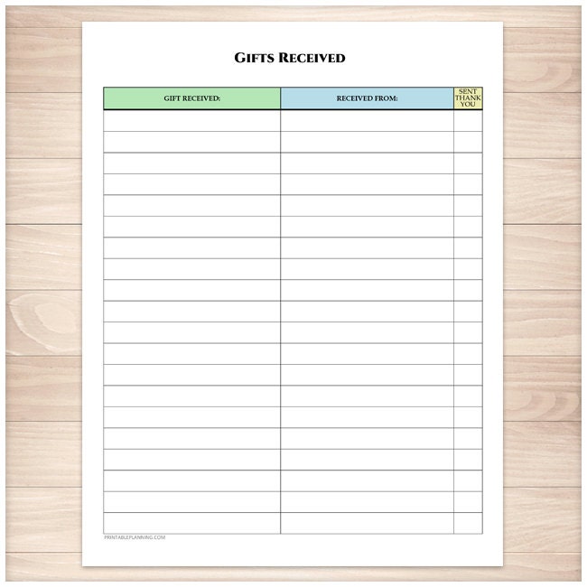 Printable Gifts Received List Holiday Occasion Birthday - Etsy
