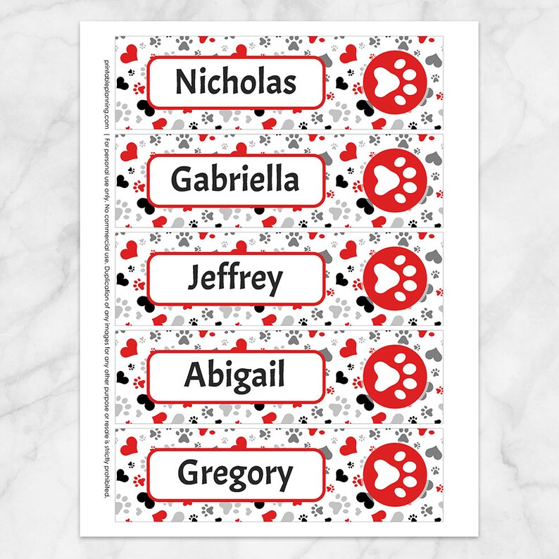 Printable Personalized Paw Print Bookmarks, Red Black Hearts, School ...