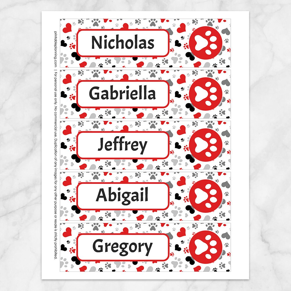 Printable Personalized Paw Print Bookmarks, Red Black Hearts, School ...