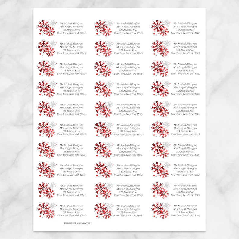 Printable Red Snowflake Address Labels Winter, Red Gray - Personalized ...