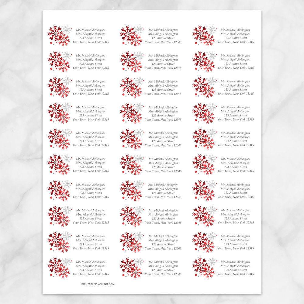 Printable Red Snowflake Address Labels Winter, Red Gray - Personalized ...