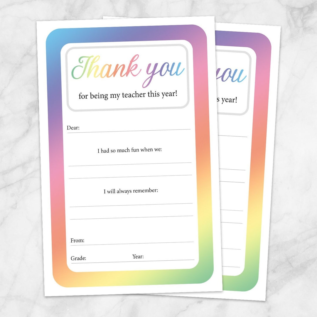 Printable Teacher Thank You Notes, Colorful End of School Year Thank ...