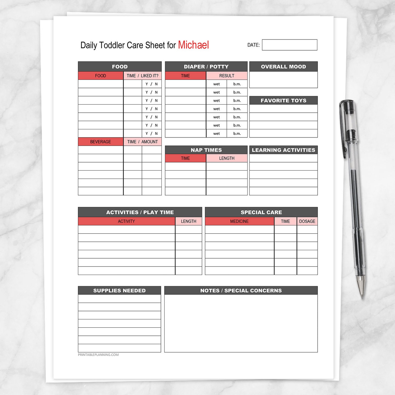 Personalized Printable Nanny Log - Daily TODDLER Care Sheet ...