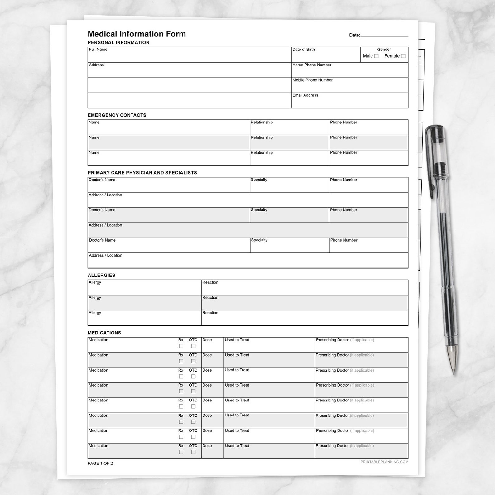 Printable Medication Information Form, Comprehensive 2-pages for ...