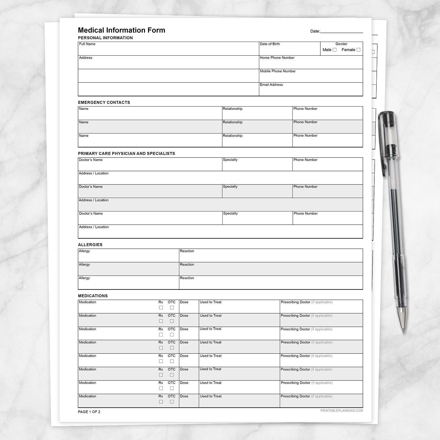 Printable Medication Information Form, Comprehensive 2-pages for ...