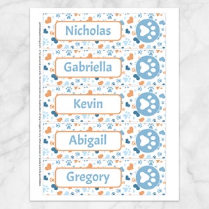 Printable Personalized Paw Print Bookmarks, Blue Orange Hearts, School ...