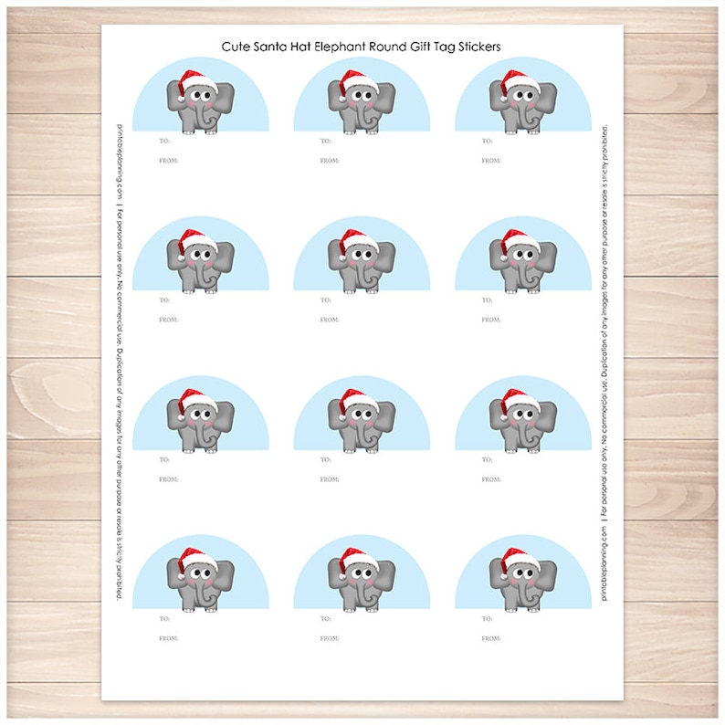 Printable Elephant Gift Tag Stickers Cute Santa Hat Elephant - Etsy
