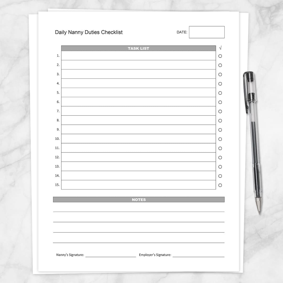 Printable Nanny Duties Checklist, Daily Task List - Nanny Duties With ...