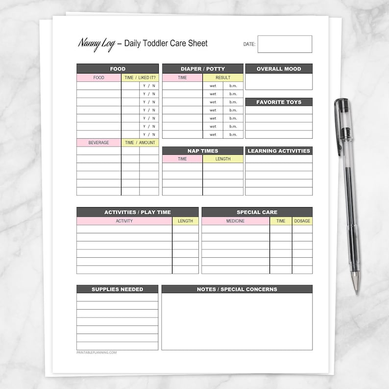 Printable Nanny Log - Daily TODDLER Care Sheet - Babysitter Caregiver ...