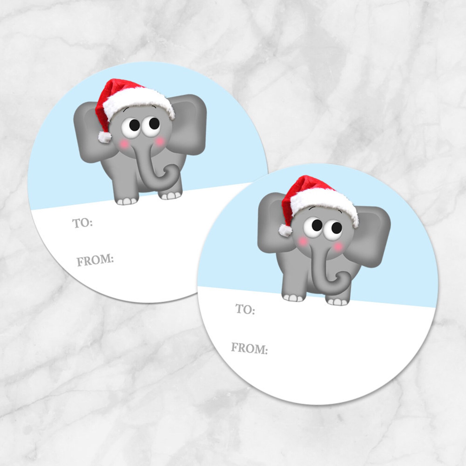 Printable Elephant Gift Tag Stickers, Cute Santa Hat Elephant Over Blue ...