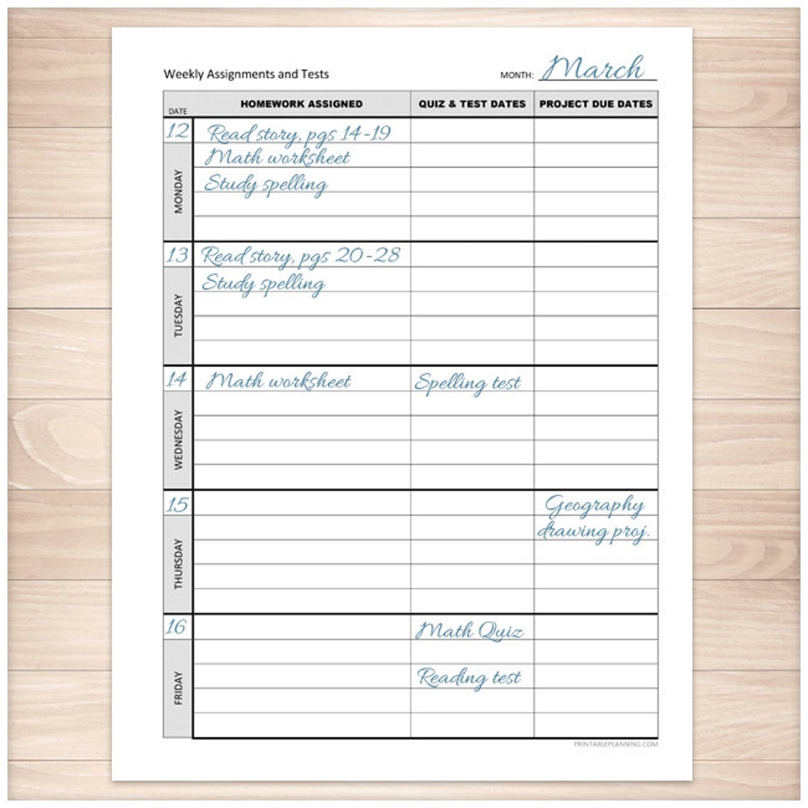 Printable Weekly School Assignments Sheet Homework Assigned | Etsy
