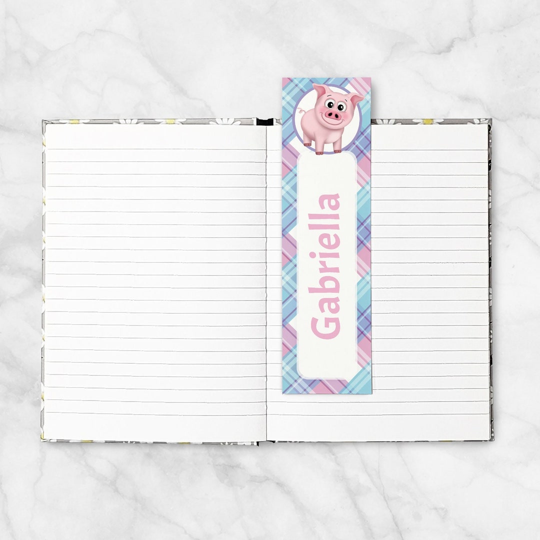 Printable Pig Bookmarks, Personalized, Pink Blue Purple Plaid Pattern ...