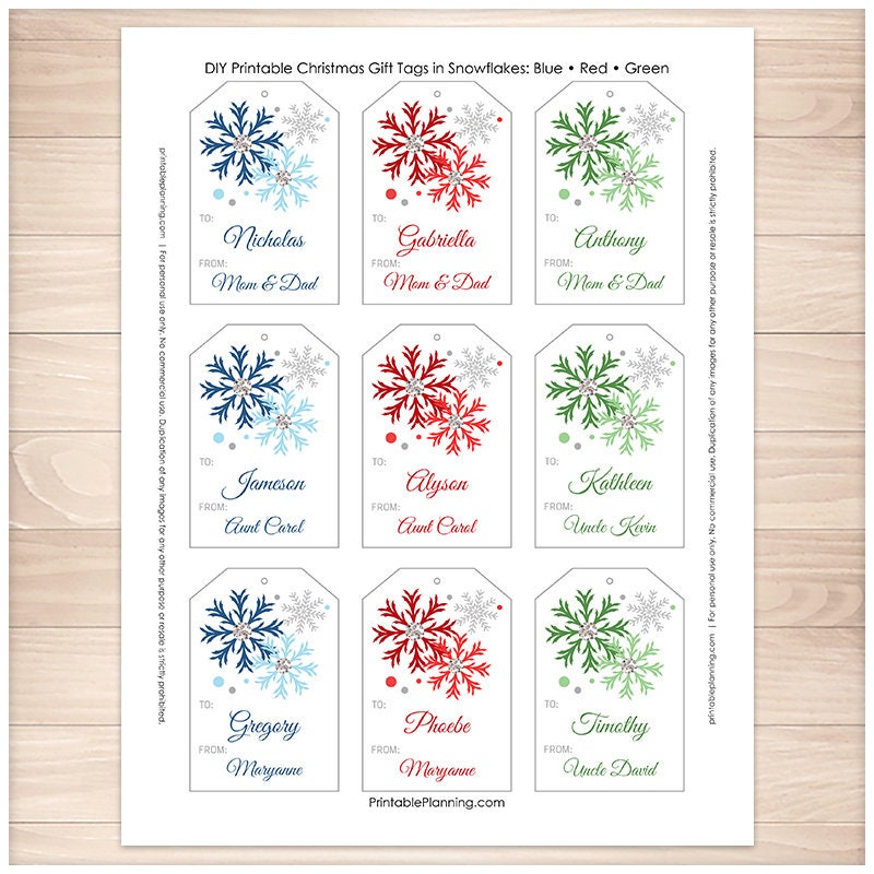 Printable Snowflake Gift Tags in Blue Red Green Personalize | Etsy