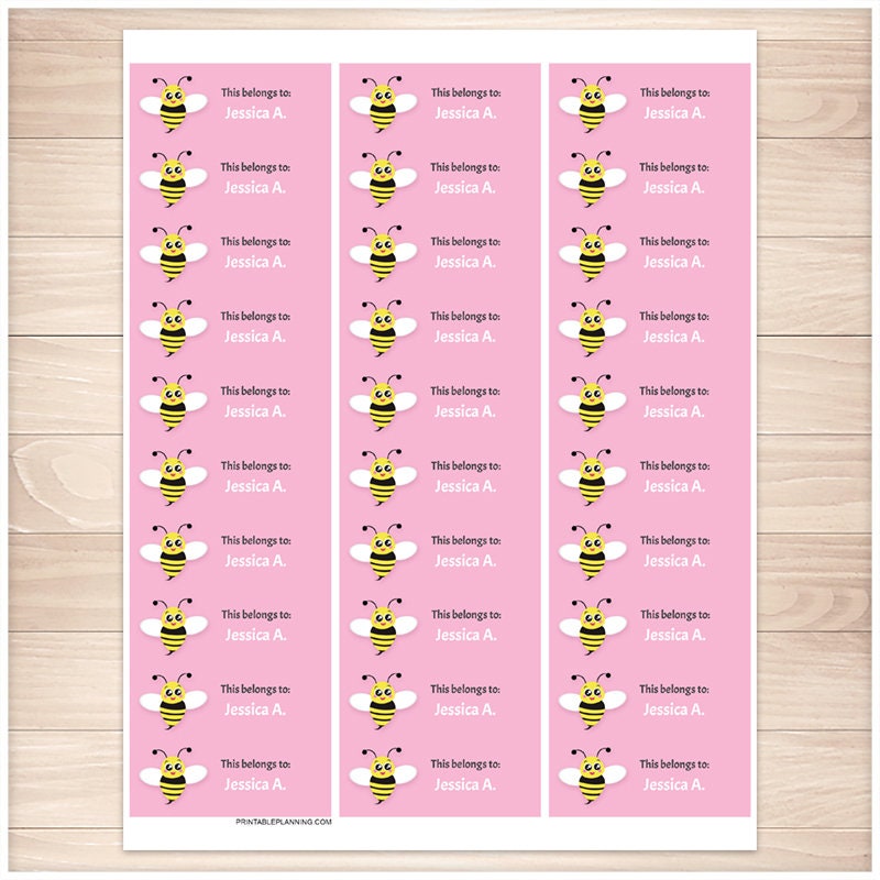 Printable Bee Name Labels for School Supplies Pink | Etsy