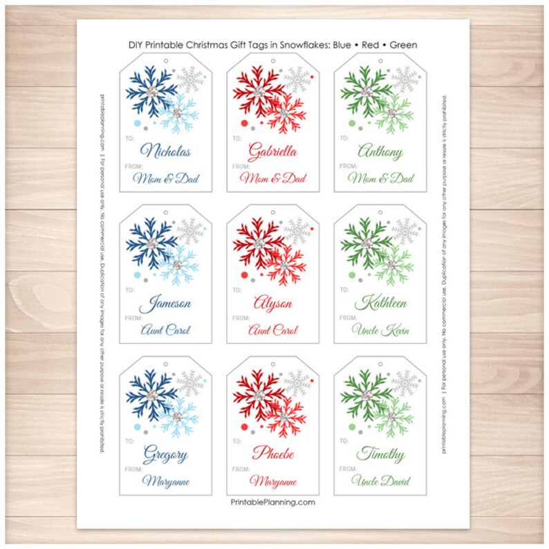 Printable Snowflake Gift Tags Personalized 3 Colors Blue - Etsy