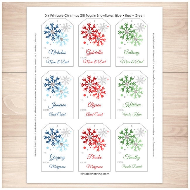 Printable Snowflake Gift Tags Personalized 3 Colors Blue | Etsy
