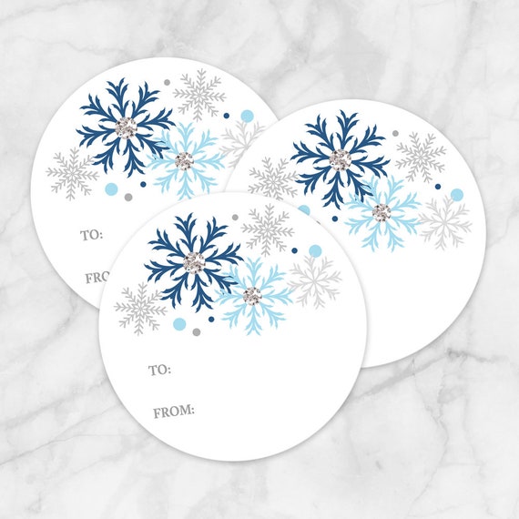 Printable Snowflake Gift Tag Stickers Blue with Gray round | Etsy