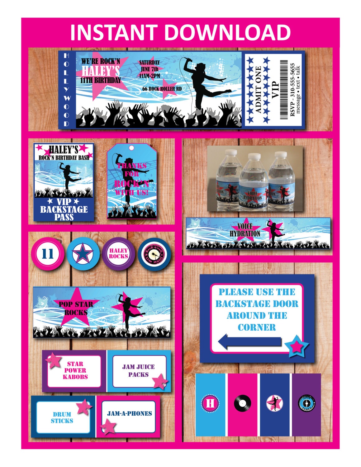 Rock Star Girl Customizable Party Pack - Printable With EDITABLE Text ...