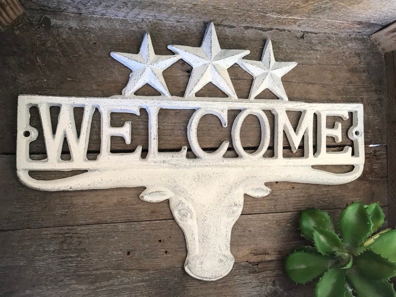 Longhorn Bull Welcome Sign in the Black Gunmetal and the Cream - Etsy