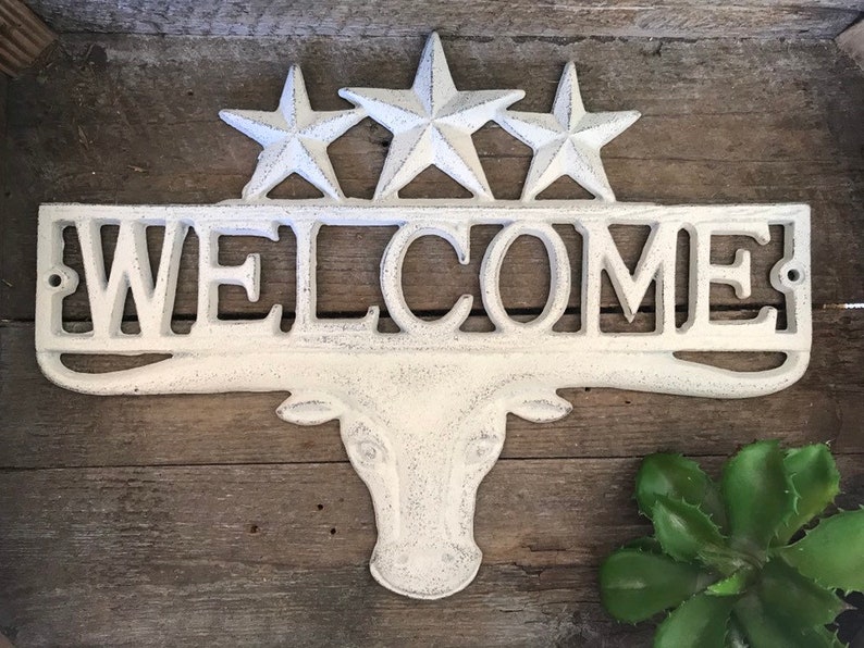 Longhorn Bull Welcome Sign in the Black Gunmetal and the Cream - Etsy