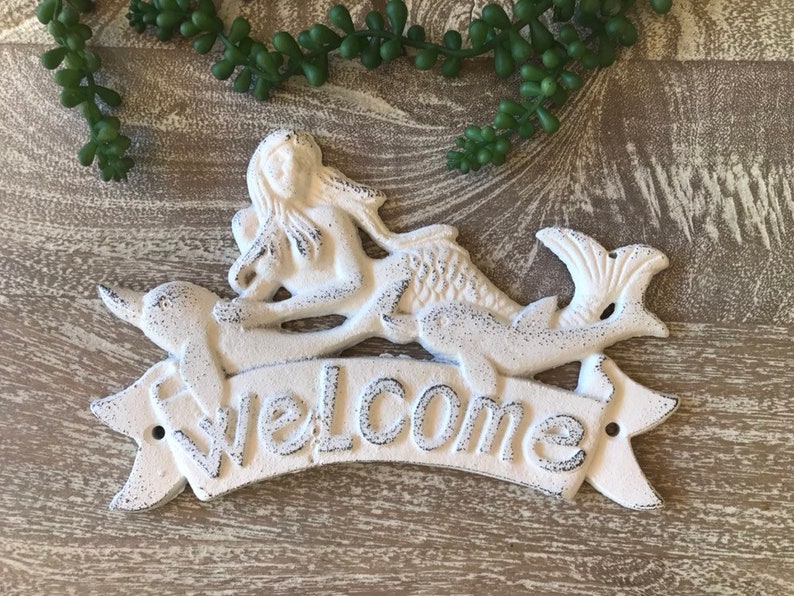 Cast Iron Beach Welcome Sign With Mermaid and Dolphins. Made | Etsy