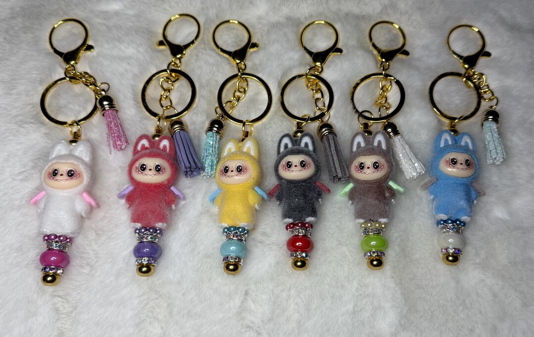 Flocked Labubu Beaded Keychain With Matching Tassel . - Etsy