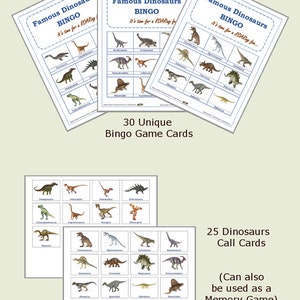 DINOSAUR Bingo 30 Printable Cards INSTANT DOWNLOAD, Famous Dinosaurs ...