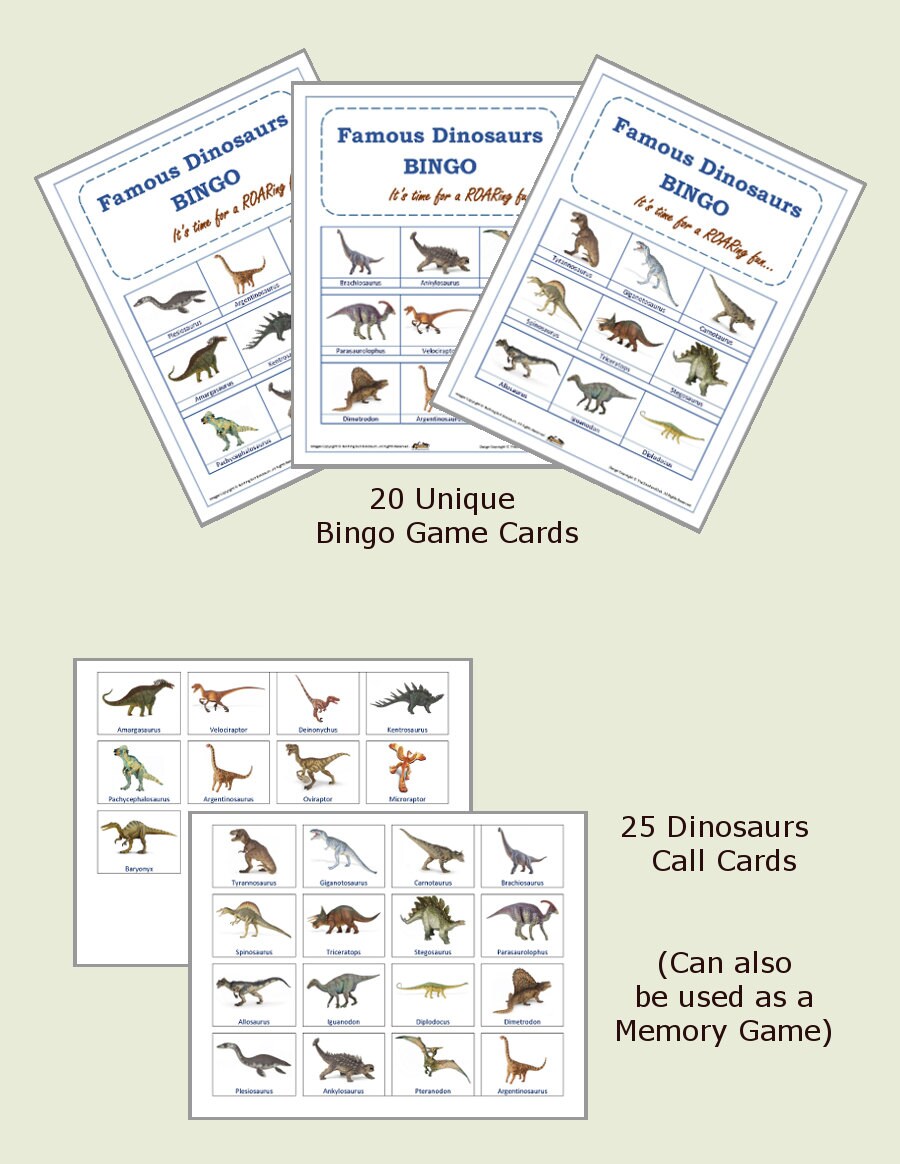 DINOSAUR Bingo 20 Printable Cards INSTANT DOWNLOAD, Famous Dinosaurs ...