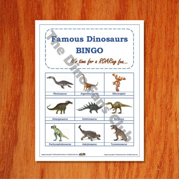 DINOSAUR Bingo 20 Printable Cards INSTANT DOWNLOAD, Famous Dinosaurs ...