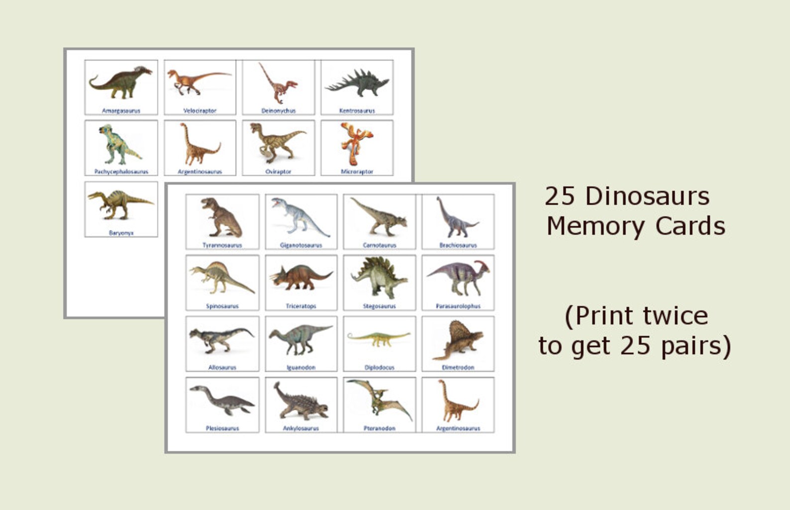 DINOSAUR Memory Game Printable Cards INSTANT DOWNLOAD, Famous Dinosaurs ...