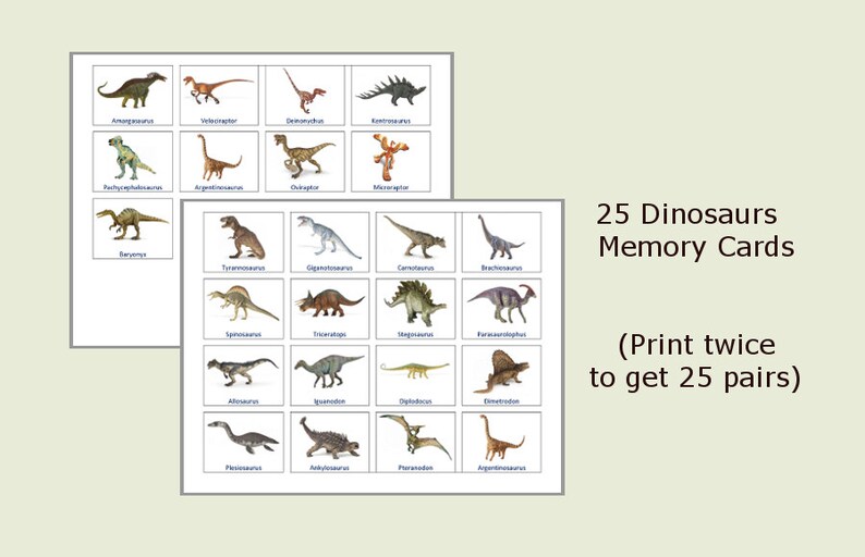 DINOSAUR Memory Game Printable Cards INSTANT DOWNLOAD, Famous Dinosaurs ...